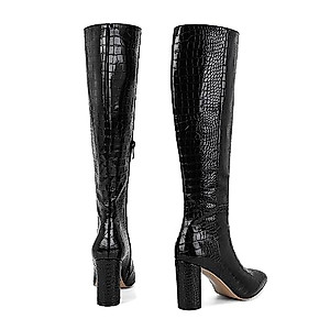 QXYRAUF Knee High Boots Women's Faux Crocodile long boots high heel boots GoGo Tall Boots Block Heel Pointed Toe Boots