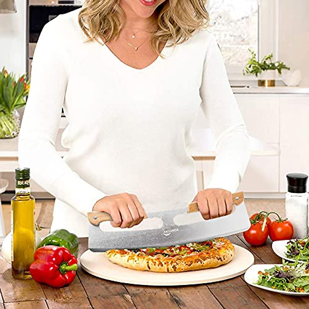 14" Premium Pizza Cutter Rocker Style AKGUNDA , Very Sharp Stainless Steel Pizza Knife Slicer Blade with Cover, Safer with Double Wooden Grip, Chopper Suitable for Cakes all Types of crusts