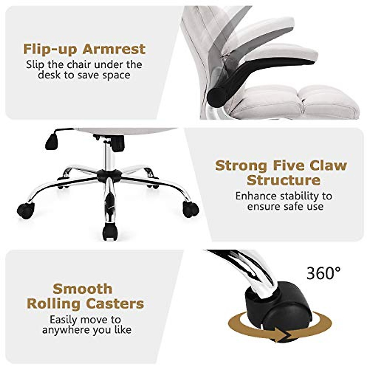 Giantex Executive Office Chair, Big and Tall Ergonomic Computer Chair, Adjustable Tilt Angle and Flip-up Armrest Linen Fabric Upholstered Chair with Thick Padding, High Back Managerial Chair (Beige)