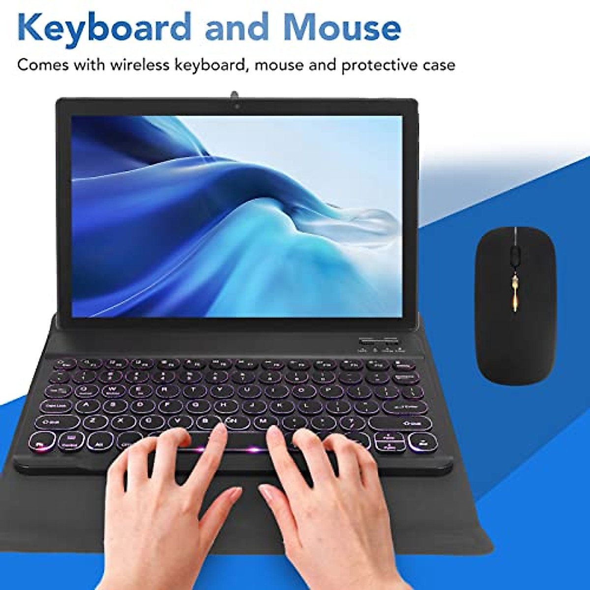 Acogedor 2 in 1 Cellular Tablet 10.1 Inch, Android 11.0 Tablets, with RGB Light Emitting Keyboard and Mouse, Support WiFi, 12GB RAM 256GB ROM, FM, Bluetooth 5.0, GPS (White)