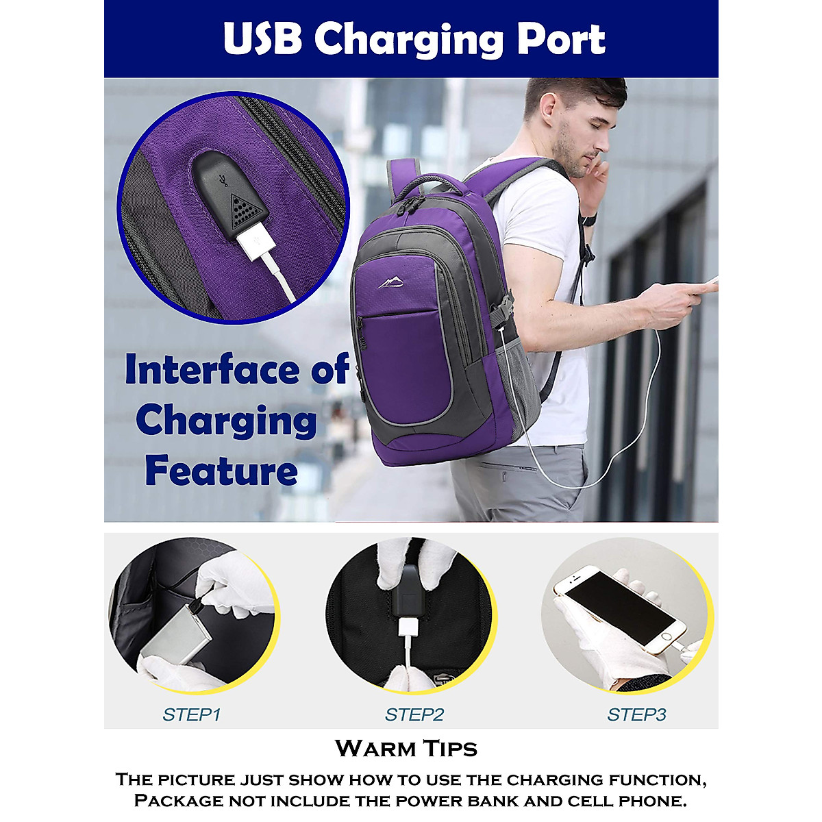 Backpack for School College Student Sturdy Bookbag Travel Business with USB Charging Port Laptop compartment Chest Straps Anti Theft Night Light Reflective (Purple)
