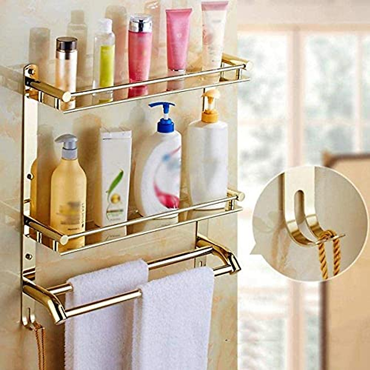 SilteD Gold-Plated 2-Layer Towel Rack with Double Rods Hooks, 600 * 120 * 560 Mm Bathroom Storage Rack Towel Rail,Families Schools Hotels