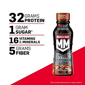 Muscle Milk Pro Advanced Nutrition Protein Shake, Knockout Chocolate, 11.16 Fl Oz Bottle, 12 Pack, 32g Protein, 1g Sugar, 16 Vitamins & Minerals, 5g Fiber, Workout Recovery, Energizing Snack, Packaging May Vary