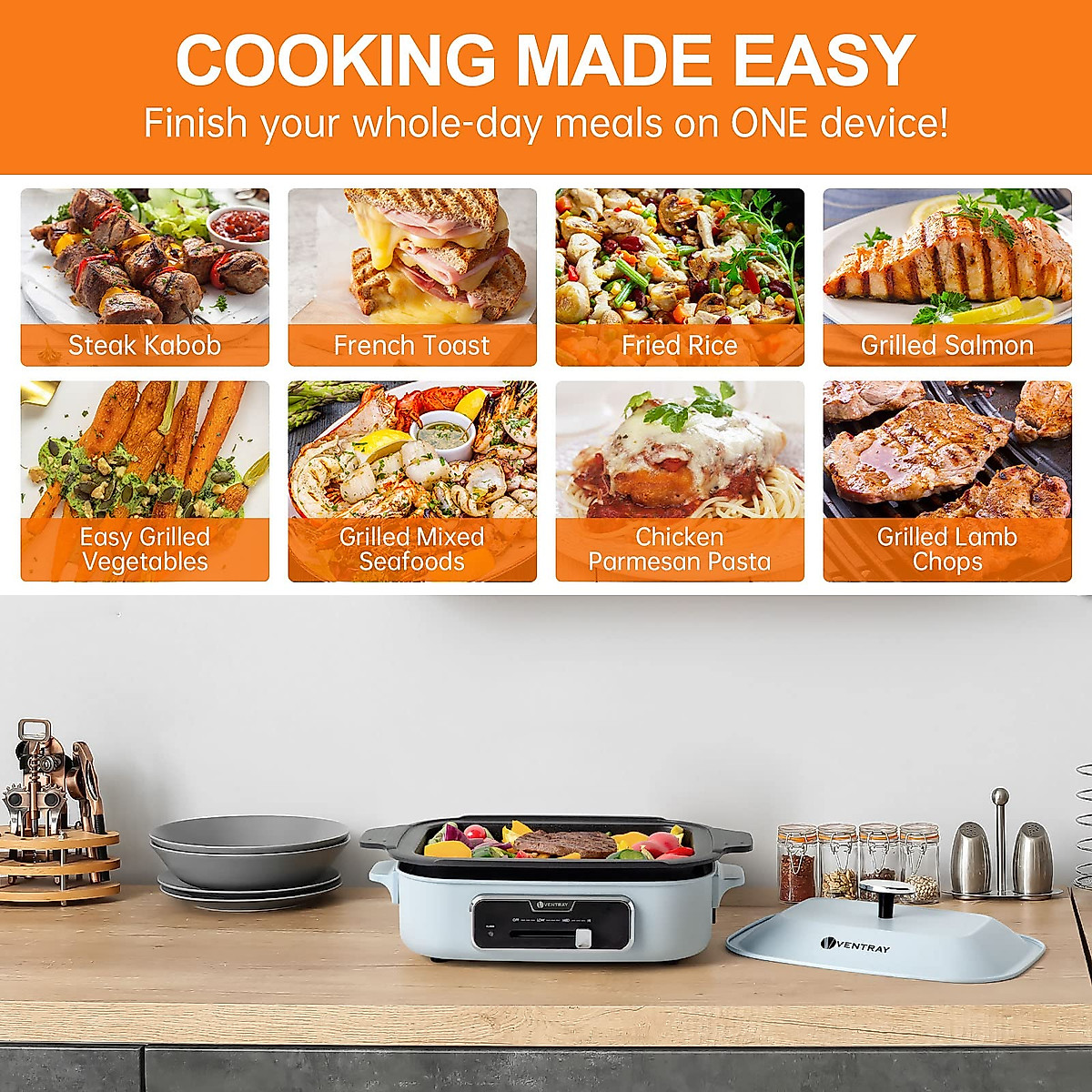 Indoor Electric Grill Appliance Griddle Party Electric Skillets Set with 5 Removable Nonstick Plates for Grilling, HotPot, BBQ, Dessert,Stir Fry, Paella Pasta Pot, All in One Cooking Machine