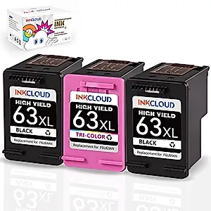 INKCLOUD Higher Yield 63XL Ink Cartridges Replacement for HP 63 Ink 63XL Work with HP OfficeJet 3830 4650 4655 5255 5258 Envy 4520 4512 4513 4516 DeskJet 1112 3630 2132 Printer(2 Black, 1 Tri-Color)