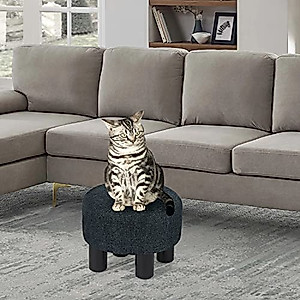 Joveco Foot Stool Small Round Ottoman, Linen Fabric Footrest with Non-Skid Plastic Legs, Pet Step Stool Padded Foot Rest for Couch Desk Chair Office Living Room Dogs (Blue-Black)