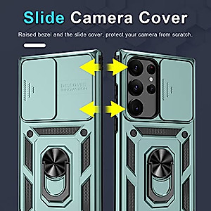 CASEJEEN for Samsung Galaxy S23 Ultra Case,Heavy Duty Shockproof Full Body Protective Phone Cover,Built in Slide Camera Lens Cover+Finger Ring Stable Kickstand,Dark Green