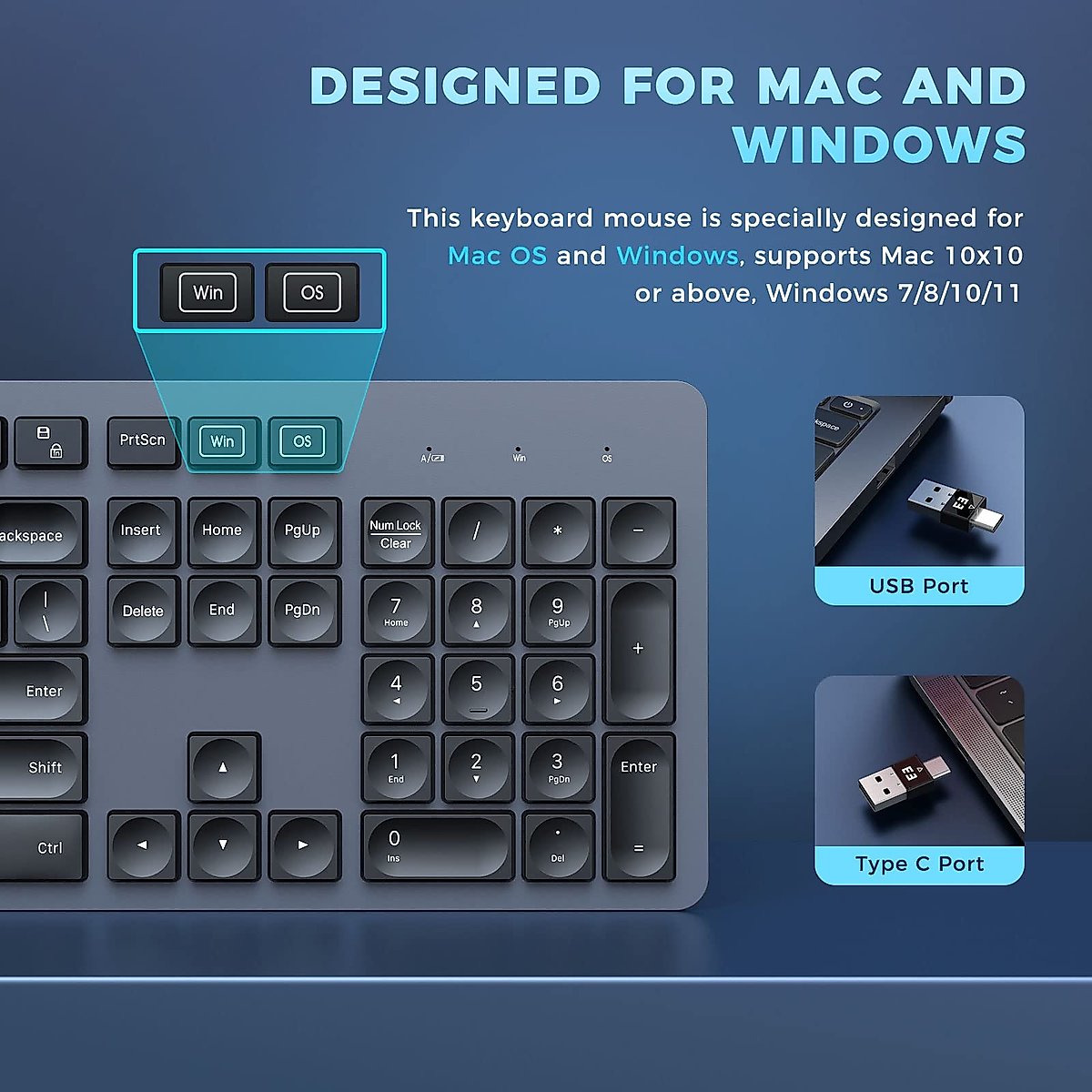 USB C Keyboard Mouse for MacBook, 2 in 1 Jiggler Mouse Mover, Full Size Wireless Keyboard Mouse Combo for MacBook Pro/MacBook Air/iMac/Windows Laptop Computer
