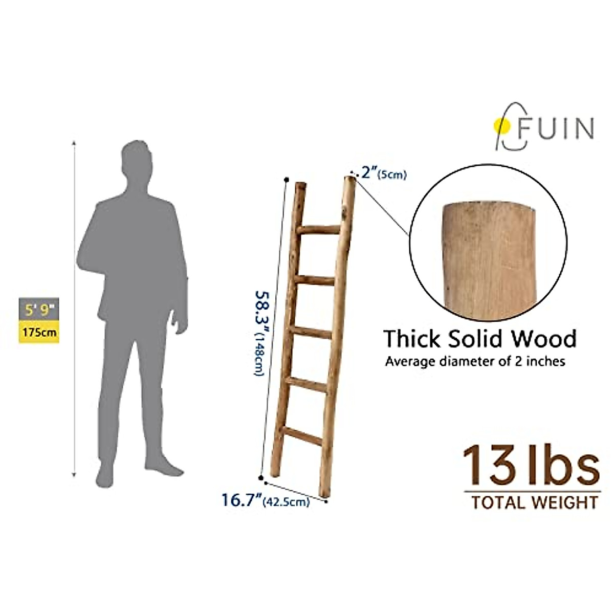 FUIN Fully Assembled 5 Ft Wood Decorative Wall Leaning Blanket Ladders Bathroom Storage Quilt Towel Display Rack Shelf Holder Rustic Farmhouse, Brown