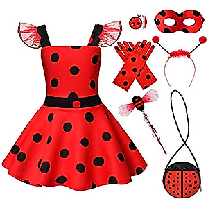 Ladybug Dress Costume for Girls with Polka Dots Tutu Dress Halloween Birthday Dress Up Pretend Play for Kids 3-8 (5-6)
