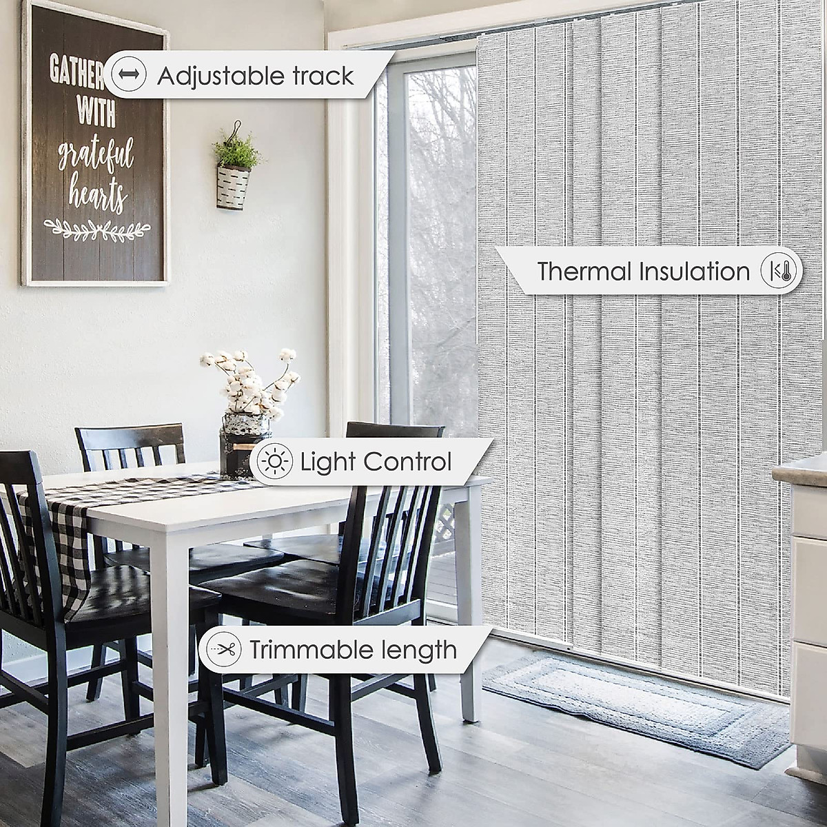 GoDear Design Thermal Insulated Adjustable Sliding Panel Track Blind for Patio Door 45.8"- 86" W x 96" H, Extendable Vertical Blind for Window, Metallic Luster Trimmable Natural Woven Fabric, Airo +