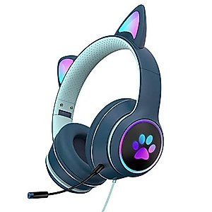 LVOERTUIG Cat Ear Headphones,Foldable and Stretchable Wireless Bluetooth Gaming Headset with RGB LED Light Wired Gaming Headset Stereo Sound,Over Ear Headphones Gift for Kids and Adult