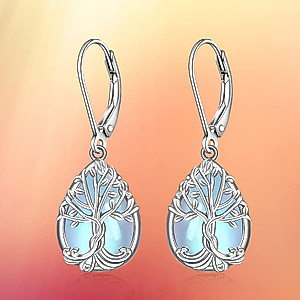 Tree of Life Earrings Moonstone Earrings for Women Sterling Silver 925 Teardrop Moonstone Family Tree Leverback Dangle Jewelry Christmas Valentines Gifts