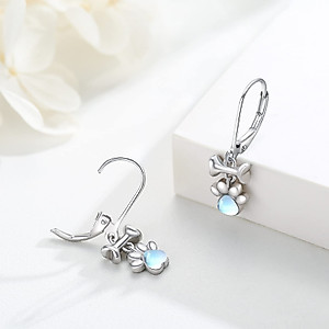 Dog Earrings 925 Sterling Silver Dog Paw Dangle Drop Earrings Dog Bone Leverback Earrings Moonstone Dog Print Earrings Animal Dog Paw Jewelry for Women