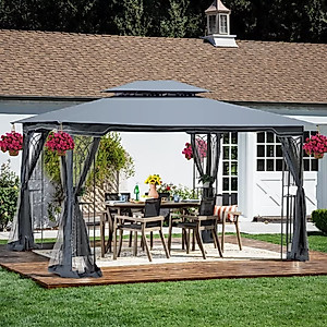 JINS&VICO 13x10 ft Gazebo Double Roof Canopy with Netting and Shaded Curtains, Outdoor Gazebo 2-Tier Hardtop Galvanized Iron Aluminum Frame Garden Tent for Patio, Backyard, Deck and Lawns, Gray