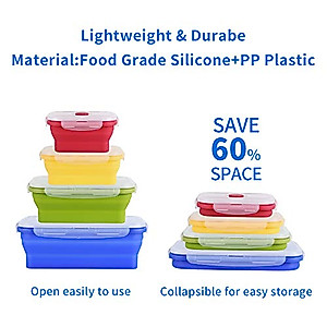 Collapsible Silicone Food Storage Containers with BPA Free Lid Meal Prep Containers Space Saver for Kitchen, Bento Lunch Boxes, Travel Picnic, Leftover, Microwave, Refrigerator Set of 4