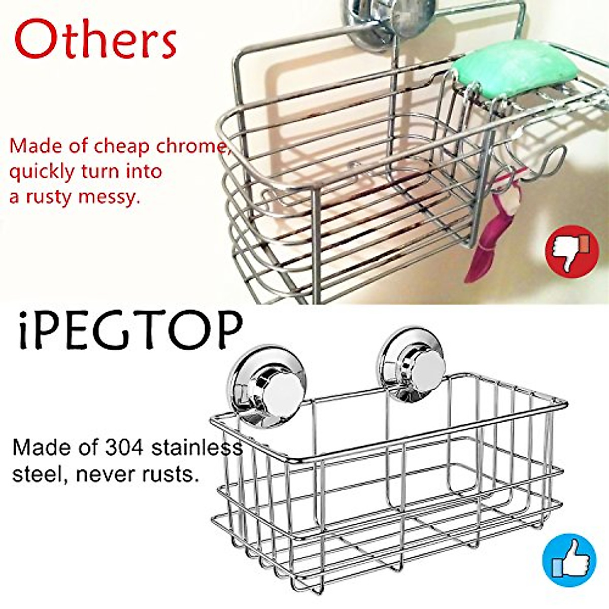 iPEGTOP 3in1 Strong Suction Cup Deep Shower Caddy Bath Organizer Wall Shelf + Soap Dish Soap Holder for Large Shampoo Shower Gel Bathroom Accessories Storage - Rustproof Stainless Steel