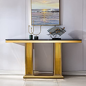 SSLine Real Marble Console Table,Modern Rectangular Luxury Marble Entryway Sofa Table Accent Table with 0.71" Thick Marble Top and Golden Double Pedestal Pillar Stainless Steel Base for Hallway
