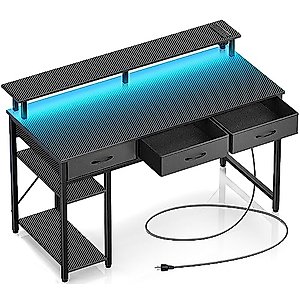 Rolanstar Computer Desk with Power Outlets & LED Light, 47 inch Home Office Desk with 3 Drawers and Storage Shelves, Writing Desk with Monitor Stand, Modern Work Desk for Home Office, Carbon Black