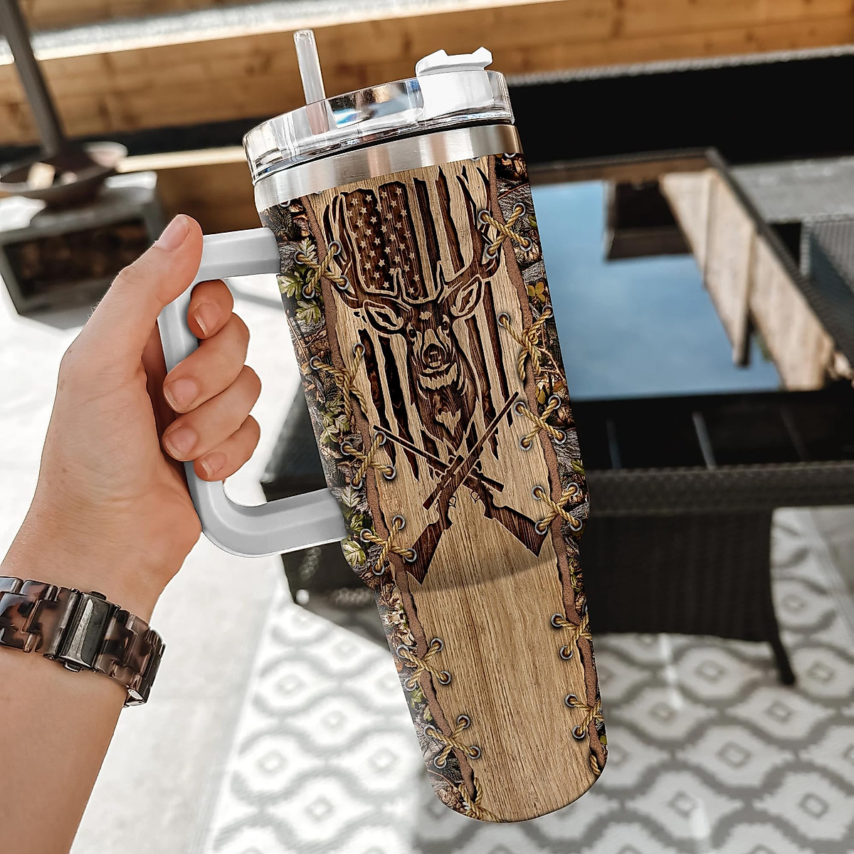 Hyturtle Personalized Hunting Gifts For Men-Deer Hunting Tumbler 40oz with Handle & Straw-Stainless Steel Travel Coffee Cup With Lid Gift For Dad Him Boy Husband-Birthday Christmas Gifts For Hunters