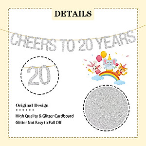 Cheers to 20 Years Banner - Happy 20th Birthday Party Bunting Sign - 20th Wedding Anniversary Decorations Supplies - Silver