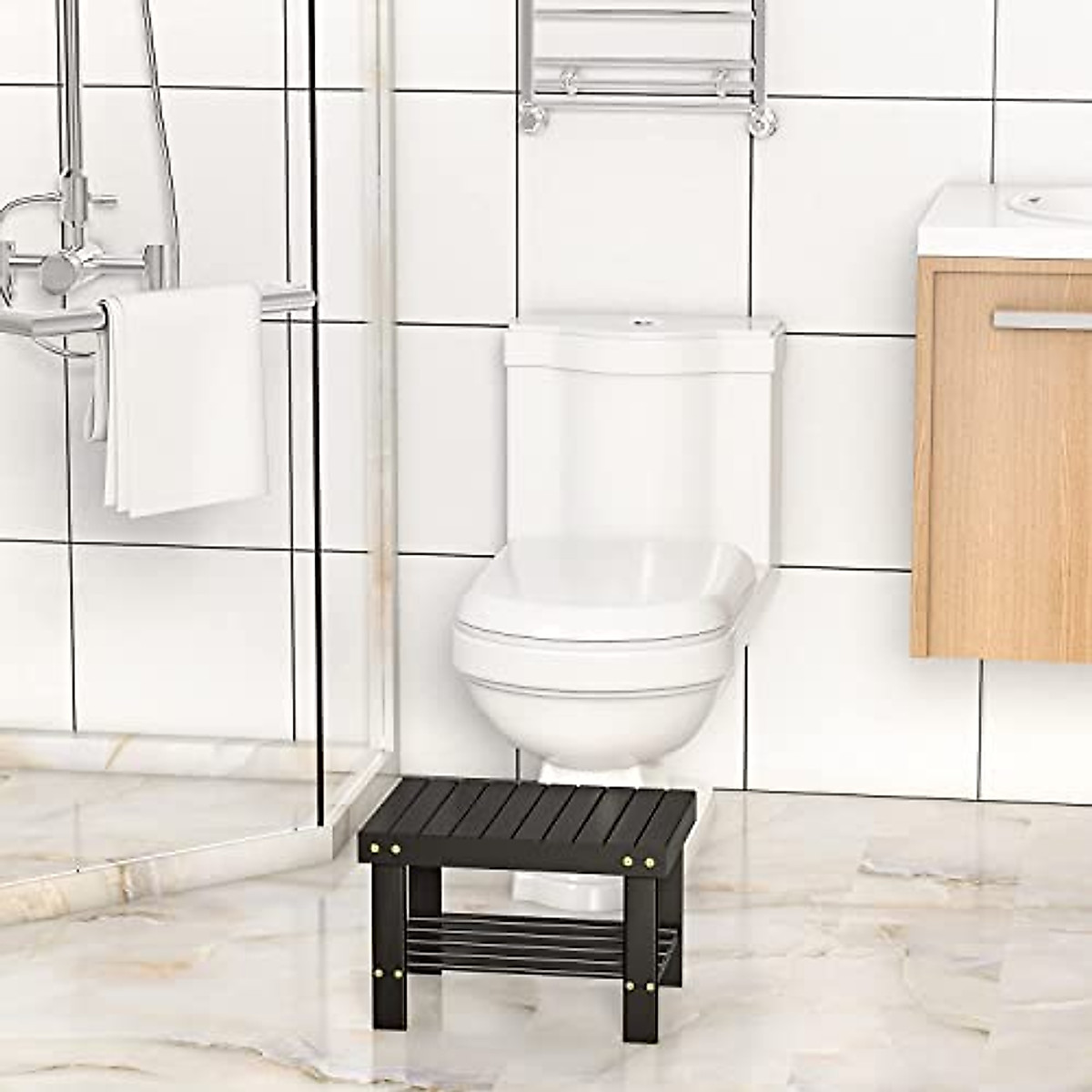 Zhuoyue Wooden Step Stool for Kids Adults Black Small Bamboo Wood Shower Foot Rest Stool Shaving Legs for Bathroom Sink Bed Kitchen