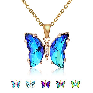 BONJOULRY Butterfly Iridescent Crystal Necklace for Women: Stainless Steel Chain Minimalist Bohemian Dainty Choker Necklaces Aesthetic Butterfly Jewelry Gifts (Gold Plated | Sapphire Blue)
