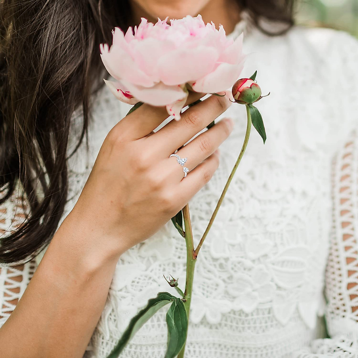 STARCHENIE Adjustable Heart Ring 925 Sterling Silver Open Angel Wings Ring for Women Size 5