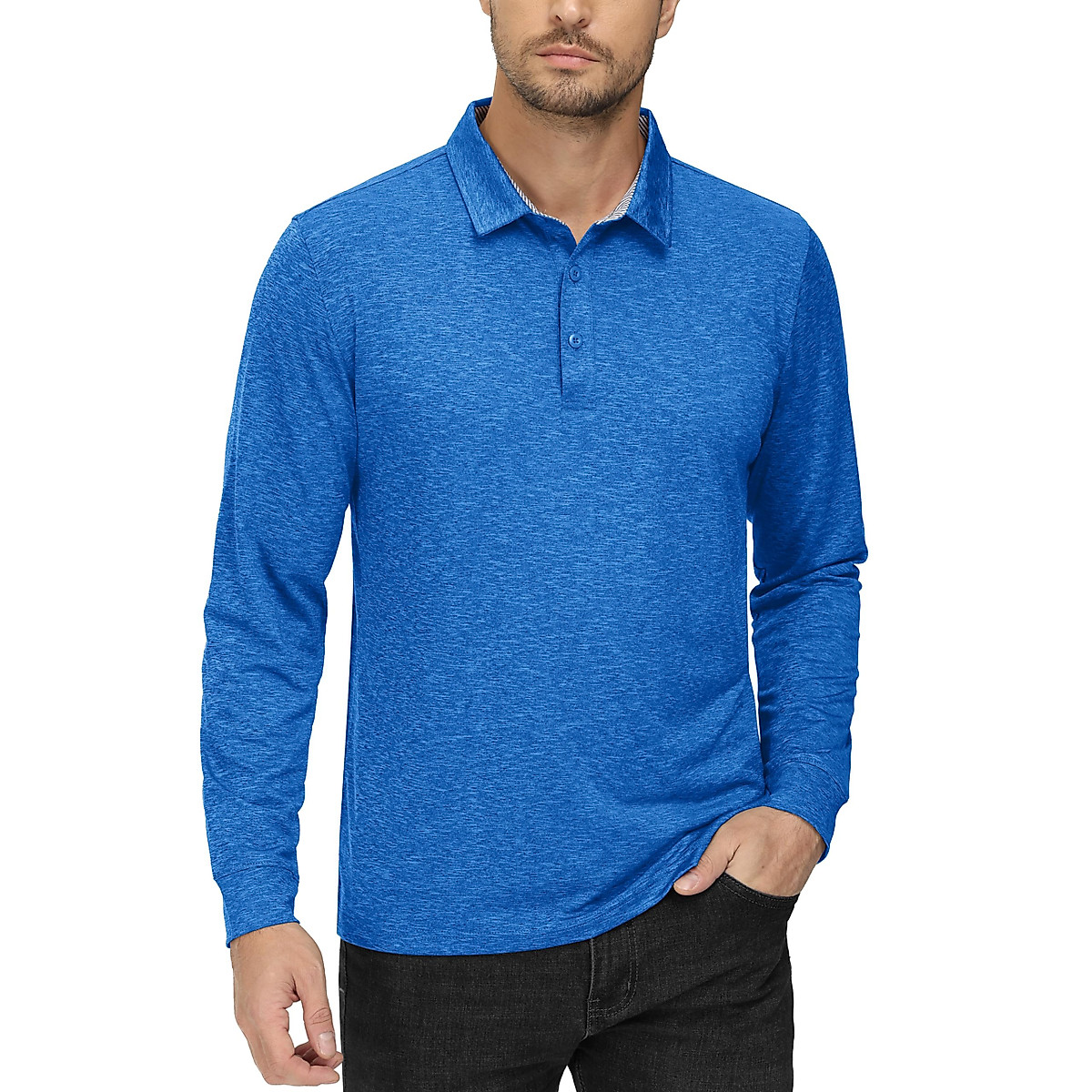 MAGCOMSEN Golf Polos for Men Dry Fit Polo Shirts Long Sleeve Shirts Quick Dry Shirts Performance Polo Shirts Sea Blue L