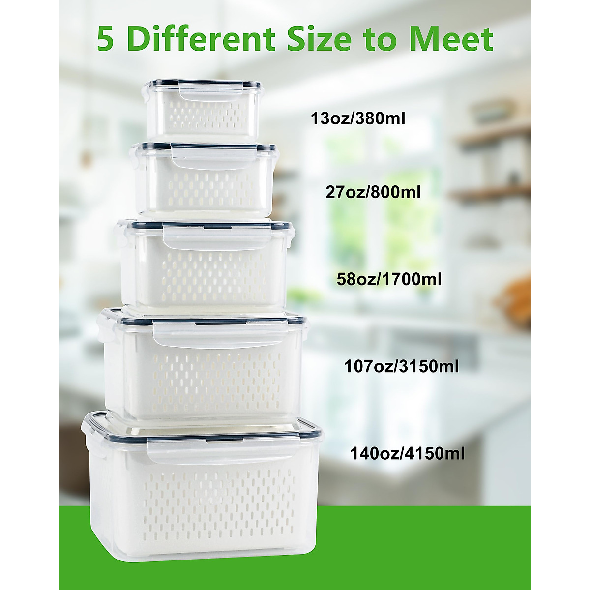 5 PCS Fruit Storage Containers for Fridge - Fruit Containers for Refrigerator with Removable Colander - Airtight Food Storage Container Keep Produce Vegetables Berry Fresh Longer