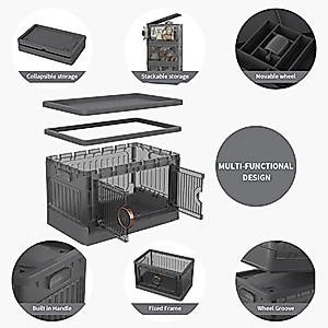 Btalani Collapsible Storage Bins with Lids, Stackable Storage Box with Wheels & Doors, Rotating to Lock & Unlock, 8.72 Gal Plastic Storage Bins for Home and Outdoor, 3-Pack, Grey