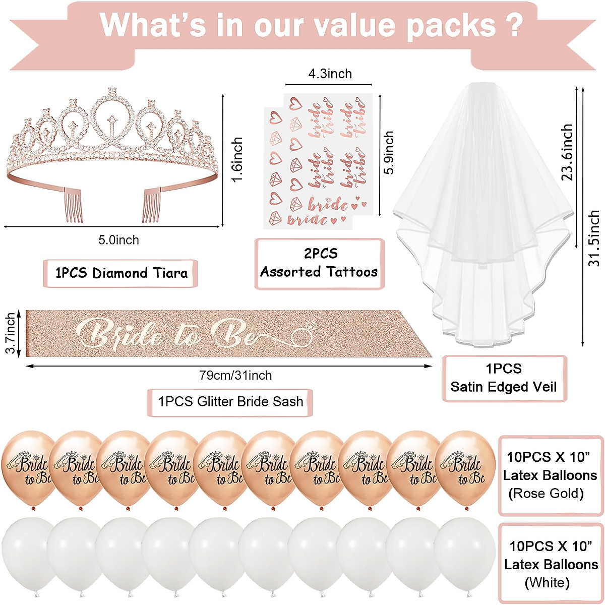 YeohJoy Bachelorette Party Decorations Rose Gold Glitter Kit - Bride to Be Sash, Bride Crown, Bachelorette Veil, Bride Tattoos, Bride Balloons, Bachelorette Party Supplies Bridal Shower Decoration
