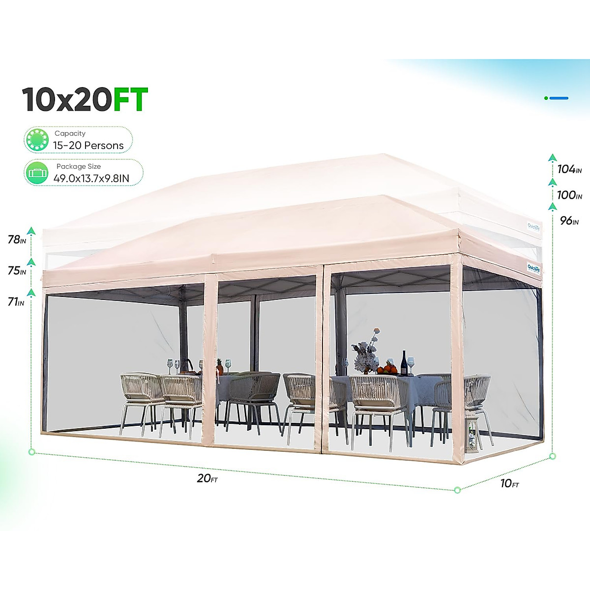 Quictent 10'x20' Pop up Canopy Tent with Netting, Instant Screen House Room Outdoor Party Event Gazebo Screened - Waterproof & 6 Sand Bags Included (Tan)