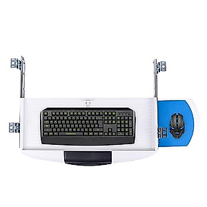 Keyboard Drawer Tray Under Desk w/Rotatable Mouse Platform Steel Smooth Sliders, White & Blue