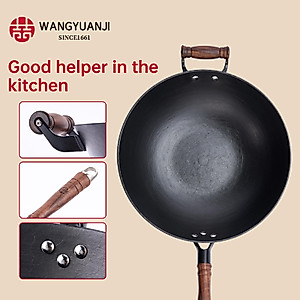 WANGYUANJI Cast Iron Wok,12.59'' Flat Bottom Wok with Glass Lid,Suitable for All Cooktops, Uncoated Craft Wok Healthy Cooking Wok