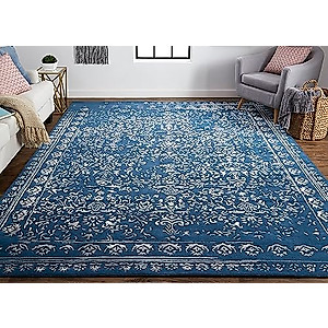 Feizy Bella High/Low Floral Wool Rug, Vallarta Blue/Silver Gray, 8ft x 10ft Area Rug
