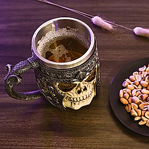 Coffee Mug, Stainless Steel Viking Warrior Skull Beer Mugs Resin Stein Tankard Drink Cup, Gift for Men Birthday,Skull Lover,Halloween & Bar Decor