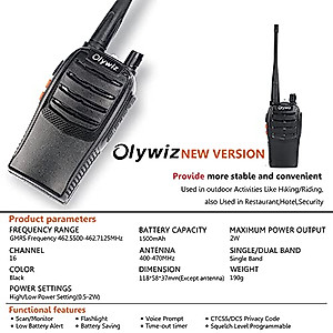 Olywiz Walkie Talkies for Adults, 16 Channels, Rechargeable, with Flashlight, Li-ion Battery, Charger, 4 Pack
