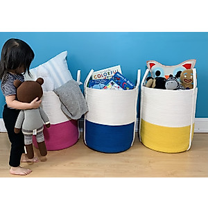 Yellow/White Rope Woven Laundry Basket/Nursery Hamper/Baby Laundry Basket/Toy Storage/Cotton Rope Basket/XXL Large Tall 18"H x 15"W/With Handles Clothes Blankets Kids Pet Organizer Decor Gift