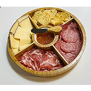 ProSky Chips and Dip Serving Dish, Bamboo Chip and Dip Platter with Dip Cup for Salsa and Spreader Knife, Chip and Dip Bowl Wood, Taco Dip Tray, Appetizer Serving Set, Dip Bowls and Tray Set