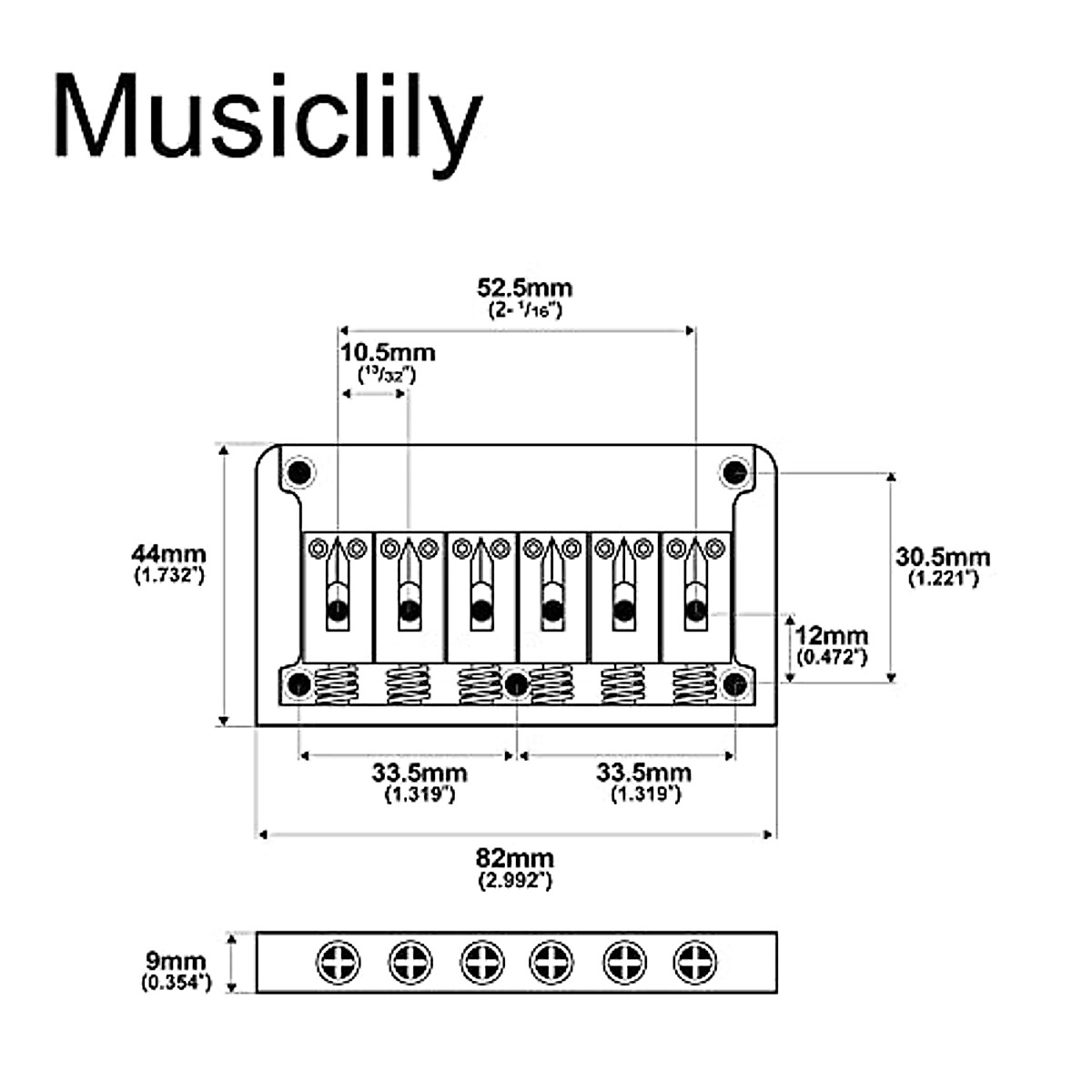 Musiclily Ultra Brass 52.5mm Fixed Hardtail Bridge for 6 String Strat Tele Style Electric Guitar, Black