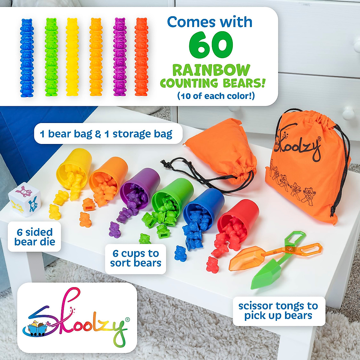 Skoolzy Preschool Activities - Lacing Beads for Kids and Rainbow Counting Bears - Montessori Toys for Toddlers Occupational Therapy Fine Motor Skills Toys Autism OT