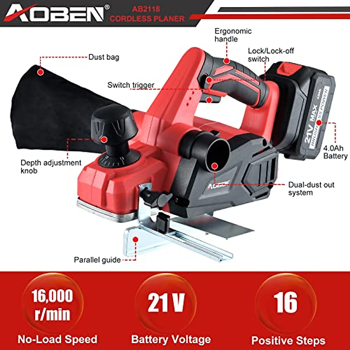 AOBEN Cordless Electric Hand Planer 21V, 16000Rpm 3-1/4-Inch Wood Planer, Li-ion Battery and Charger, Adjustable Planing Depth Power Planer for Woodworking Chamfer Home DIY