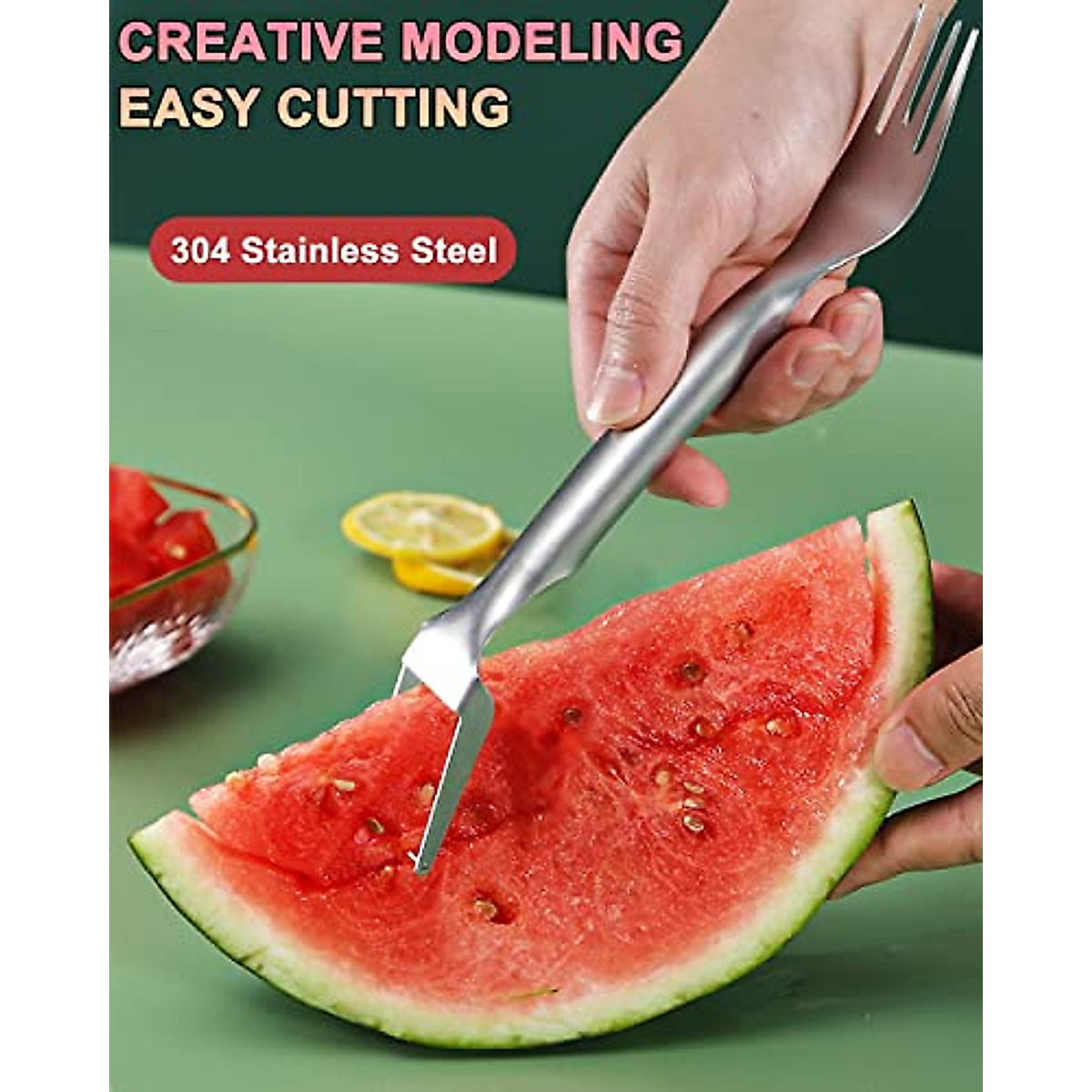 2-in-1 Watermelon Fork Slicer, Watermelon Slicer Cutter, Stainless Steel Fruit Watermelon Cutter for Family Parties Camping, Professional Fruit Forks Slicer for Watermelon Cubes (1PCS)
