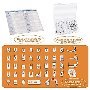 Presser Foot Set 42Pcs, Sewing Machine Presser Feet Kit Accessories with Manual for Brother, Babylock, Singer, Elna, Toyota, New Home, Simplicity, Necchi, Kenmore Low Shank Machines