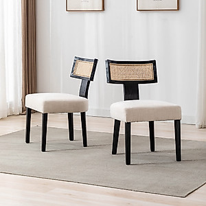 Wahson Set of 4 Cane Back Farmhouse Kitchen & Dining Room Chairs, Retro Linen Upholstered Dining Chair with Black Hardwood Legs, Beige