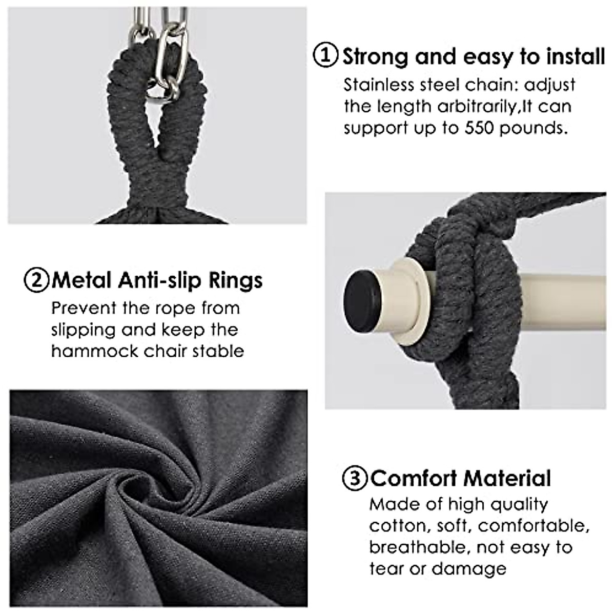 Y- Stop Hammock Chair Hanging Rope Swing, Max 500 Lbs, 2 Seat Cushions Included, Quality Cotton Weave for Superior Comfort, Durability with Hardware kit (Dark Grey)