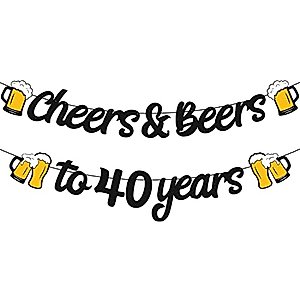 Cheers and Beers to 40th Years Banner 40th Birthday Decorations for Men Women 40s Birthday Backdrop Wedding Anniversary Party Supplies Black Glitter Decorations Pre-Strung