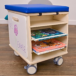 Children’s Factory Mobile Teacher Stool with Storage, Birch-Ply Wood, Blue Cushion, Kids Playroom and Classroom Must Haves, Assembly Required