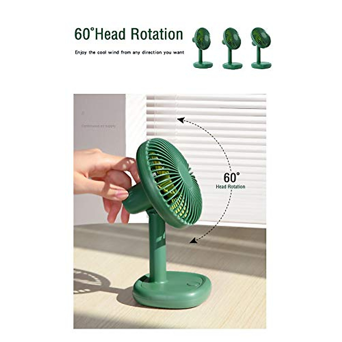 NC Small Desk Fan for Office Table, Cute but Mighty, 3 Speeds, USB Powered, 60° Adjustment, Quiet Portable Personal Fan ,for Home Office Bedroom or Outdoor Use(green)